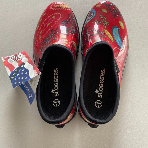Sloggers | Shoes | Sloggers Waterproof Slip On Clogs Rain Garden Shoes Red Paisley Womens 6 New ...